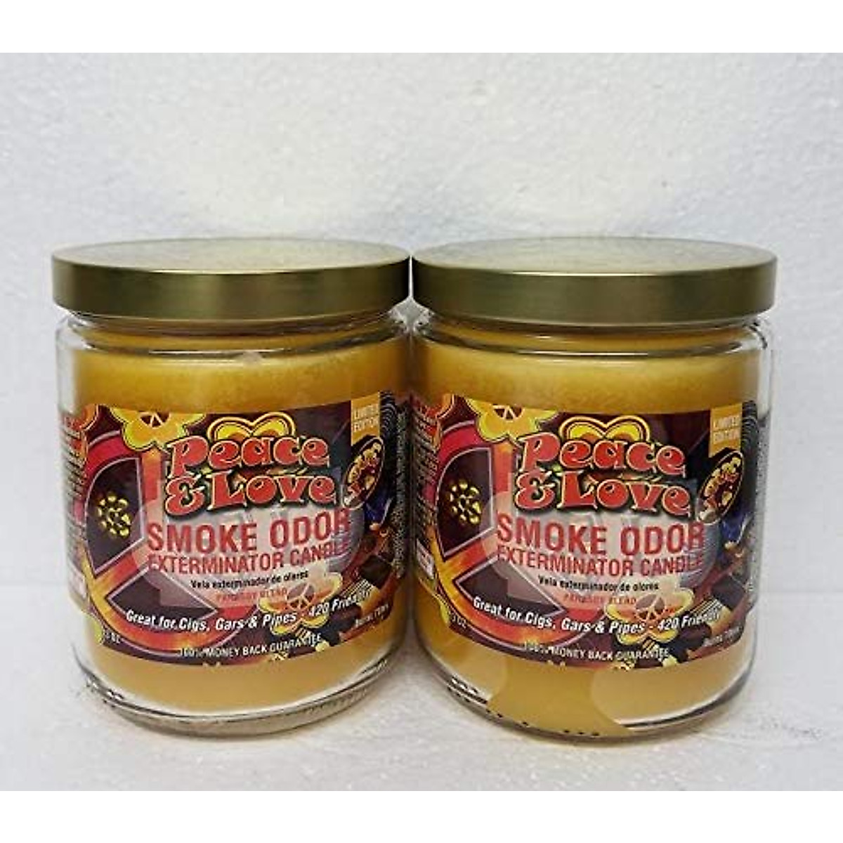 Smoke Odor Exterminator 13 oz Jar Candles Peace & Love, (2) Set of Two Candles.