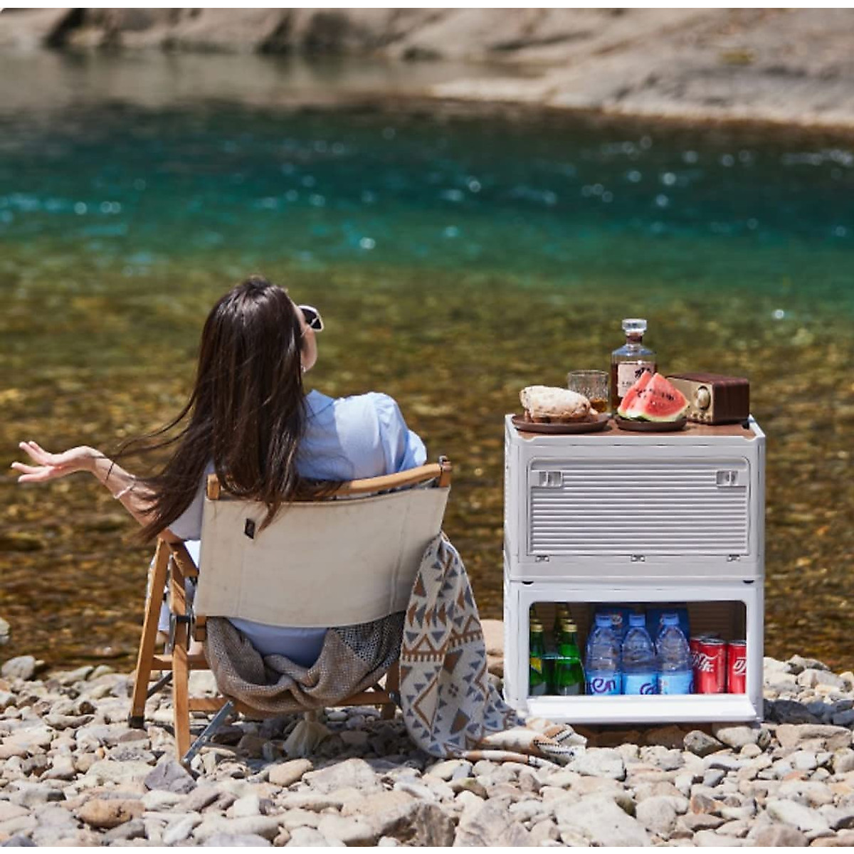 Radefasun Foldable Storage Bins with Wood Lids Plastic Collapsible Storage Box with Cutting Board Portable Stackable Grocery Container Folding Latching Storage Crate with Removable Pulley (S, Khaki)