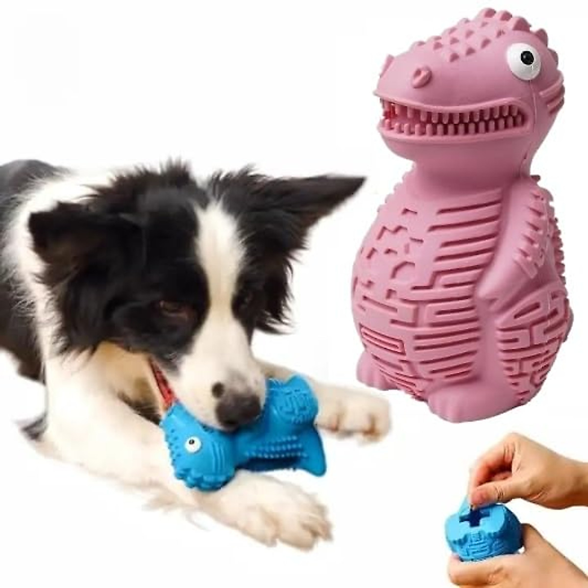 WapaW Dog Toys, Indestructible Squeaky Dog Chew Toys for Aggressive Chewer, Tough Dog Toothbrush Toy, Dinosaur Design Rubber Treat Dispenser Toy for Small Medium Large Dogs (Pink, Dinosaur)