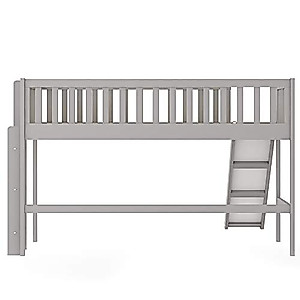 KoiHome Twin Size Low Loft Bed with Ladder and Slide, Wood Bed with Full-Length Guardrail & Built-in Solid Slat Support for Kids Girl Boy Teens Bedroom, Space-Saving Design, No Box Spring Needed, Gray