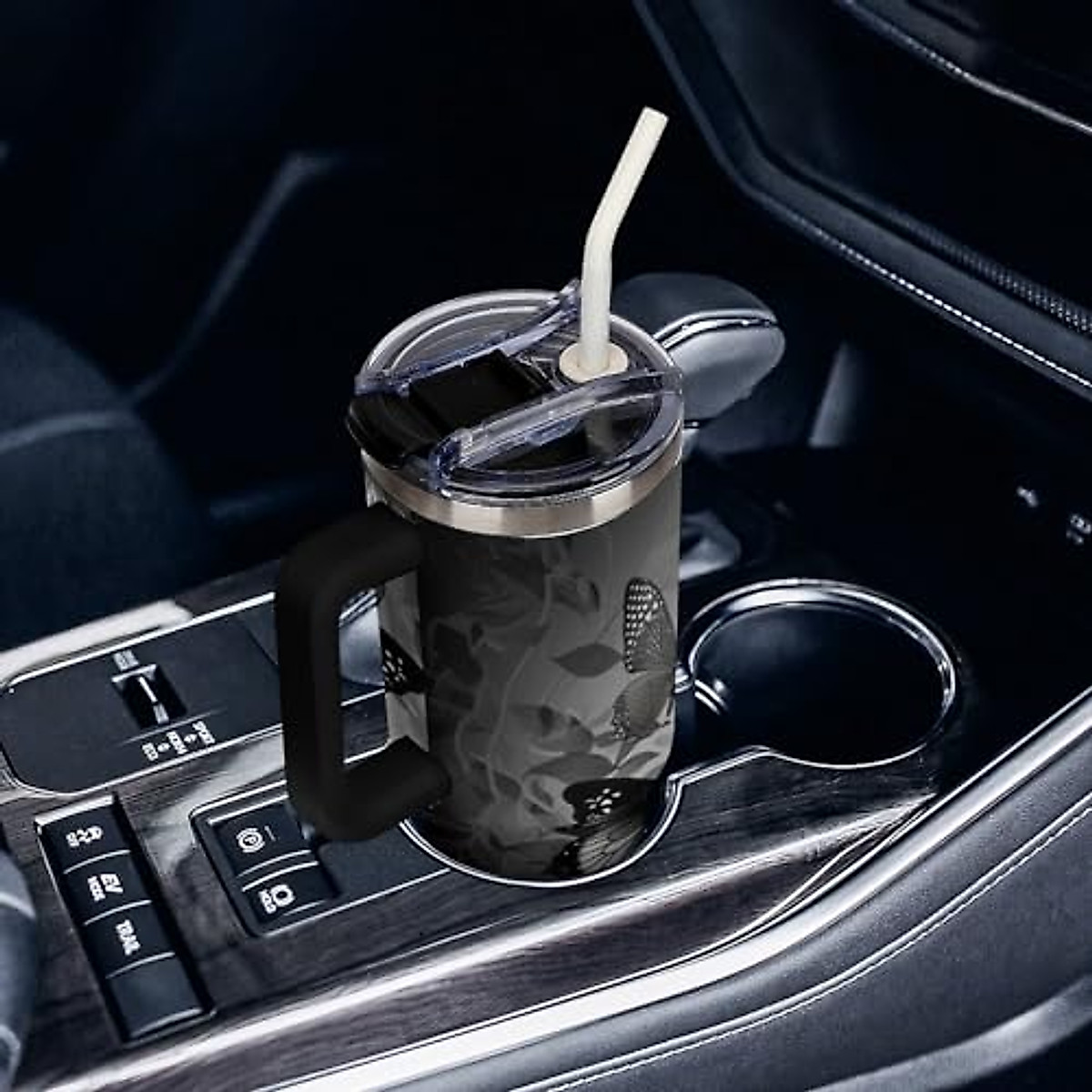 Black Gray Butterflies Insulated Stainless Steel Travel Mug, 40 Oz Tumbler with Handle And Straw Double-Wall Vacuum Coffee Cup, Leak-Proof Lid, Keeps Drinks Hot/Cold for Hours