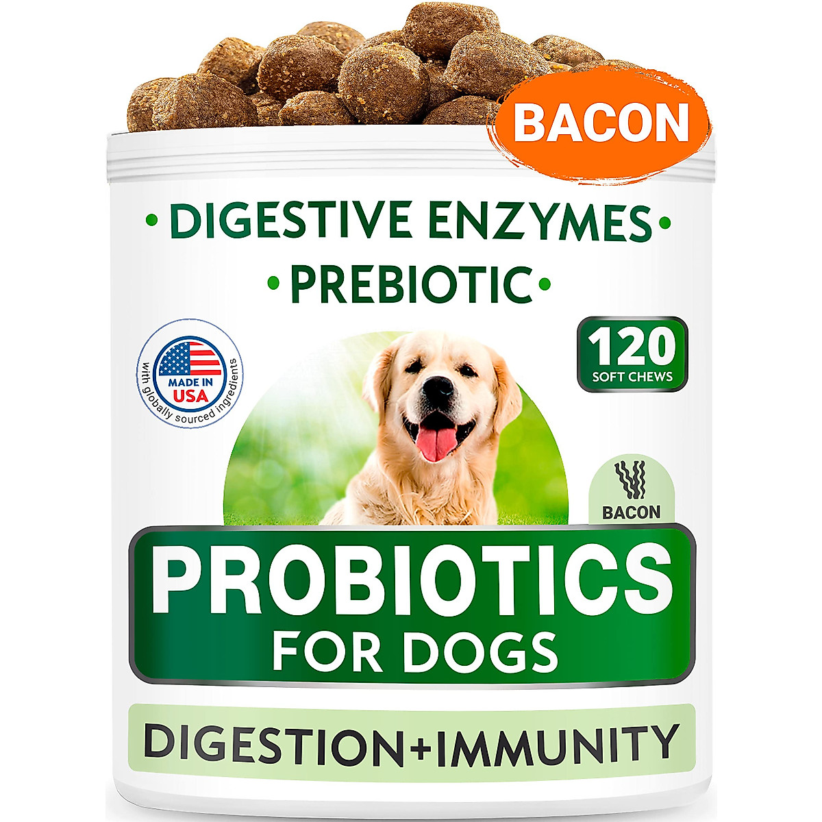 Dog Probiotics Chews Bundle - Gas, Diarrhea, Allergy, Constipation, Upset Stomach Relief - Digestive Enzymes + Prebiotics - Improve Digestion - 120 + 120 Chews - Chicken + Bacon Flavor - Made in USA