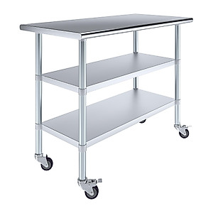 AmGood Stainless Steel Work Table with 2 Shelves and Casters | Metal Utility Table On Wheels (Stainless Steel Work Table with 2 Shelves + Casters, 48" Long x 24" Deep)