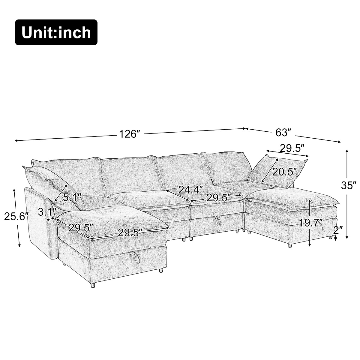 Modular Sectional Sofa with Storage Cube,4 Seat and 2 Ottoman Soft Cloud Couches for Living Room Large U Shaped,Multi-Layer Cushion Lounge Sofa DIY Combination Sleeper Sofa Bed, Grey