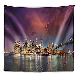 Designart ' New York City Manhattan Skyline Red' Cityscape Photo Tapestry Blanket Décor Wall Art for Home and Office, Created On Lightweight Polyester Fabric x Large: 92" x 78"