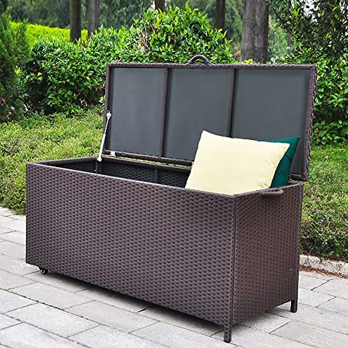 Outdoor Patio Wicker Storage Container Deck Box made of Antirust Aluminum Frames and Resin Rattan, 86-Gallon (Brown) (Large, Brown)