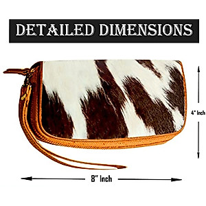 Womens Zipper Wristlet Cowhide Clutch Real Leather Wallet Purse, Handbag Organizer for women Size 8 x 4 Inches by NGF (CL-02 Brown & White (Zipper))