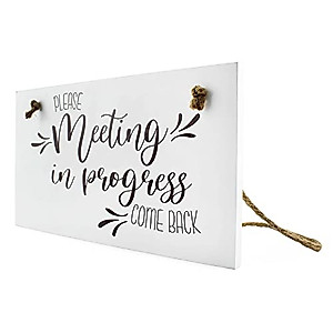 Darware Meeting in Progress / Do Not Disturb Wood Sign (White), Reversible Home and Office Meeting Door Hanger
