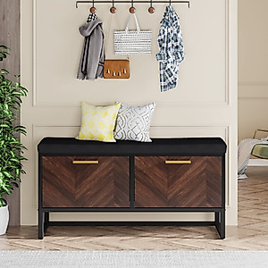 Tribesigns Storage Bench With Seat Cushion, Entryway Shoe Bench With 2 Flip Drawers, Hallway Cabinet, Hidden Organizer for Living Room, Bedroom, Mudroom, Black