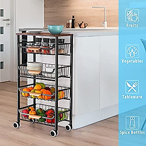 Kitchen Storage Rolling Cart, Kitchen Cart with Lockable Wheels, 5 Tier Metal Wire Basket Shelf Rolling Storage Cart with Wooden Handle, Wood Cover Top Kitchen Island Cart for Home, Office