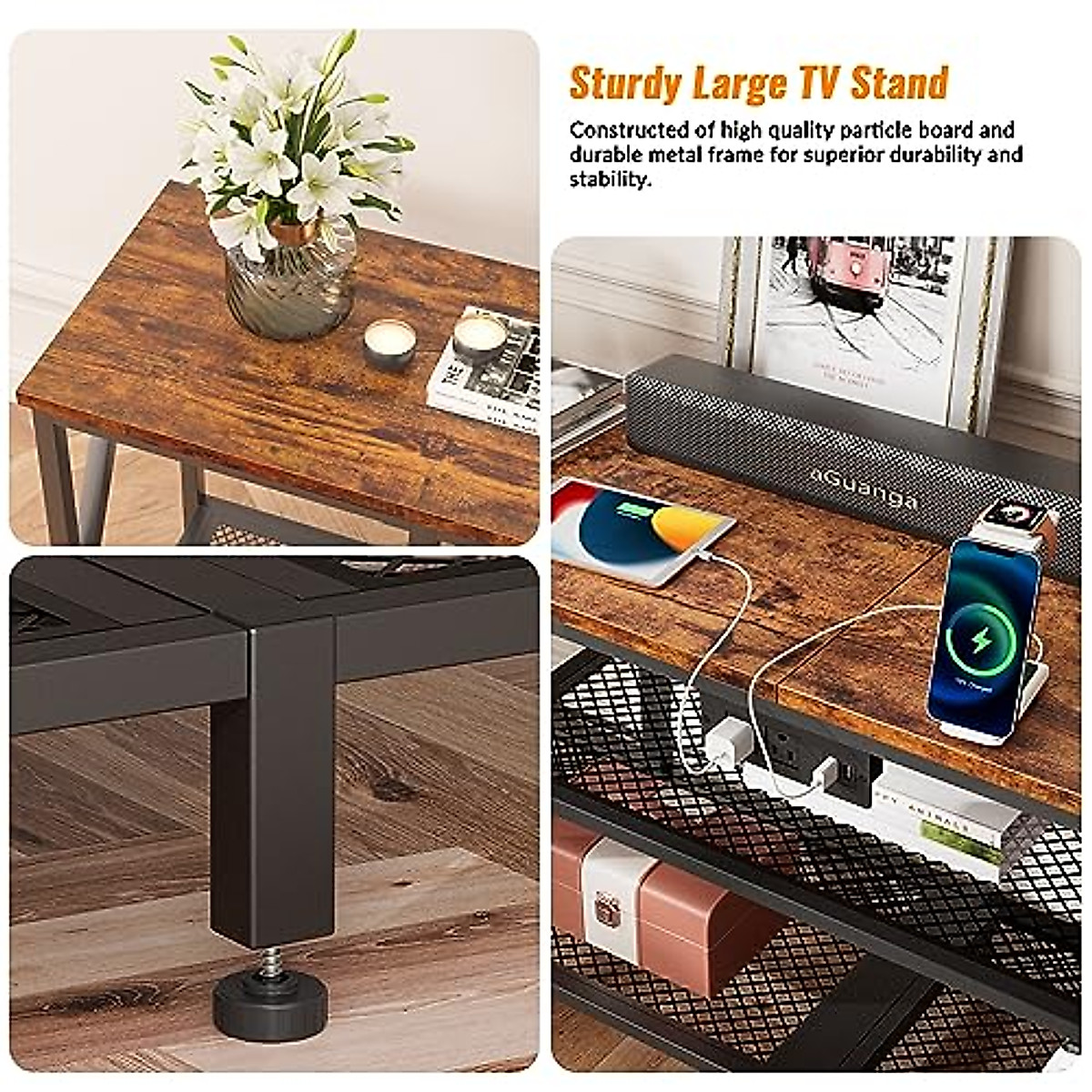 Furologee TV Stand with Power Outlets for 65 70 inch TV, Entertainment Center with Open Storage Shelves, Long 63'' TV Media Console Table with Soundbar Shelf for Living Room, Bedroom, Rustic Brown