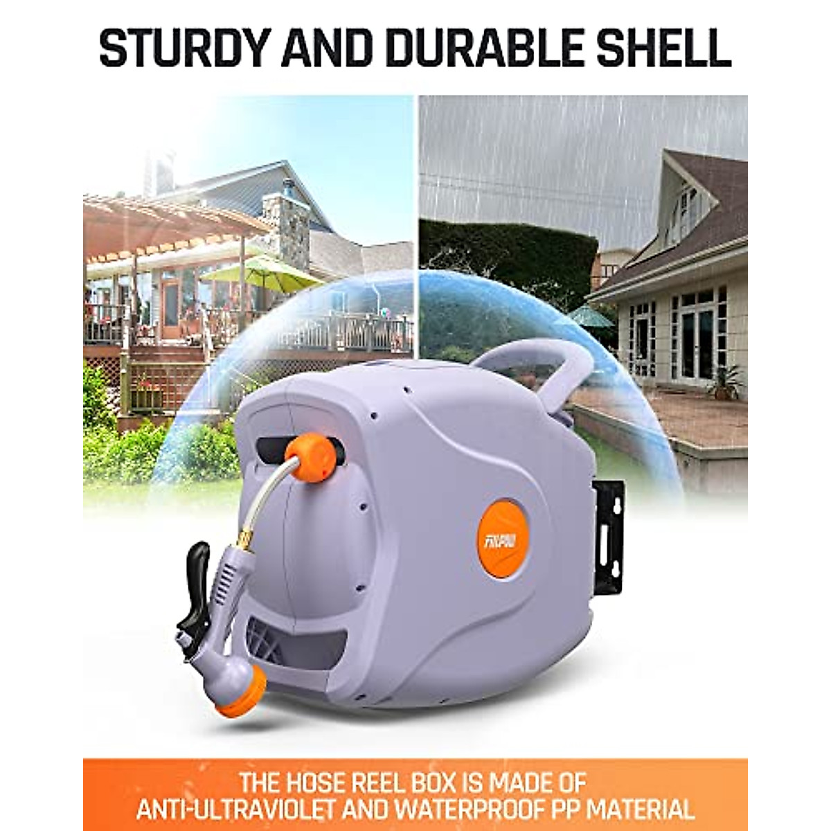 FIILPOW 1/2 Inch 100 FT Retractable Garden Hose Reel, Slow & Safe Return System, Water Hose Reel with Brass Connector, Double Lock Design, 8 Patterns Nozzle, 180° Swivel for Garden Watering