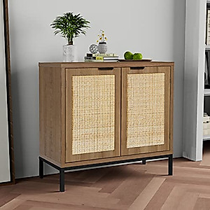 Anmytek Rustic Oak Accent Storage Cabinet with 2 Rattan Doors, Mid Century Natural Wood Sideboard Furniture for Living Room H0045