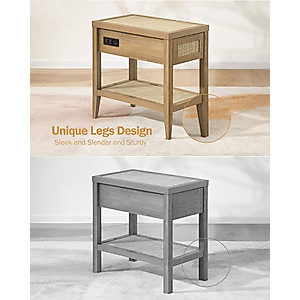 SICOTAS Rattan Nightstands Set of 2 - Boho Night Stand with Type-C Charging Station & Rattan Drawer - Bed Side Table End Table for Bedroom Living Room - Natural Oak