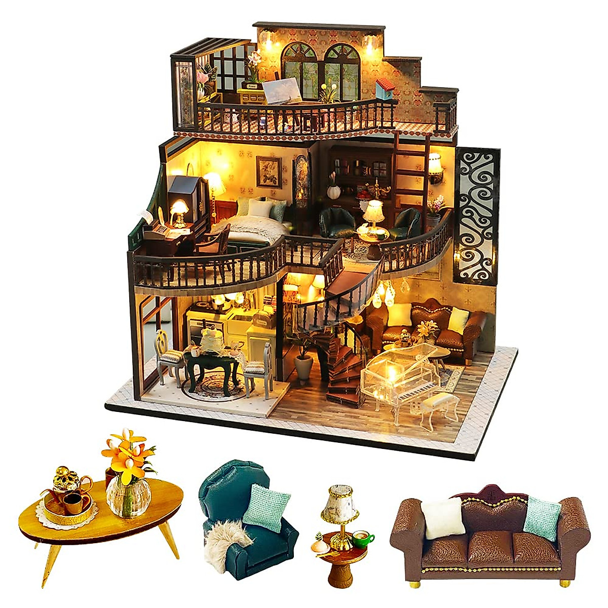 CUTEBEE Dollhouse Miniature with Furniture, DIY Dollhouse Kit Plus Dust Proof and Music Movement, 1:24 Scale Creative Room for Valentine's Day Gift Idea（Dream Building Pavilion）