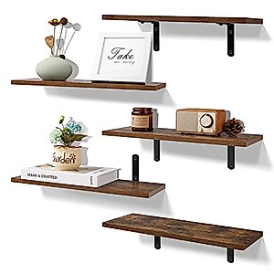 upsimples Floating Shelves for Wall Decor Storage, Wall Mounted Shelves Set of 5, Sturdy Small Wood Shelves with Metal Brackets Hanging for Bedroom, Living Room, Bathroom, Kitchen, Book, Dark Brown