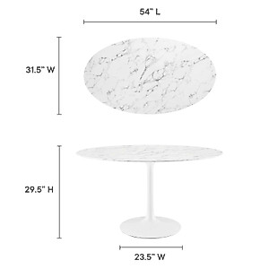 Modway Lippa 54" Oval-Shaped Mid-Century Modern Dining Table with Artificial Marble Top and White Base