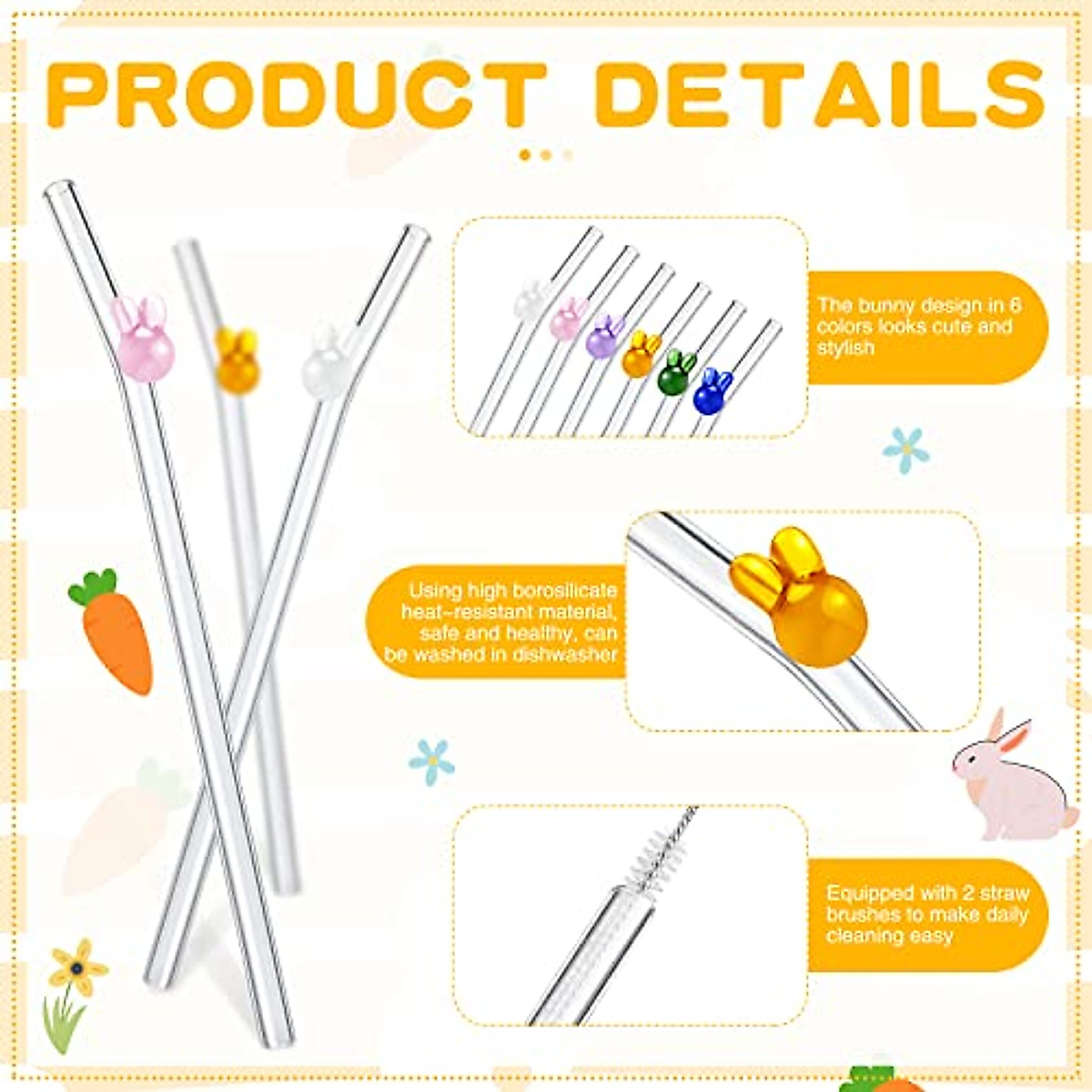 6 Pcs Reusable Glass Straws, Cute Bunny on Clear Straws with Design 7.9 in x 8 mm Colorful Shatter Resistant Bent Drinking Straws with 2 Cleaning Brushes for Beverages, Shakes, Juices, Cocktails