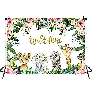 Mocsicka Girl Wild One Backdrop Jungle Safari Animals 1st Birthday Vinyl Photo Background 7x5ft Gold Wild One Birthday Banner Backdrops for Girls Cake Dessert Table Decorations