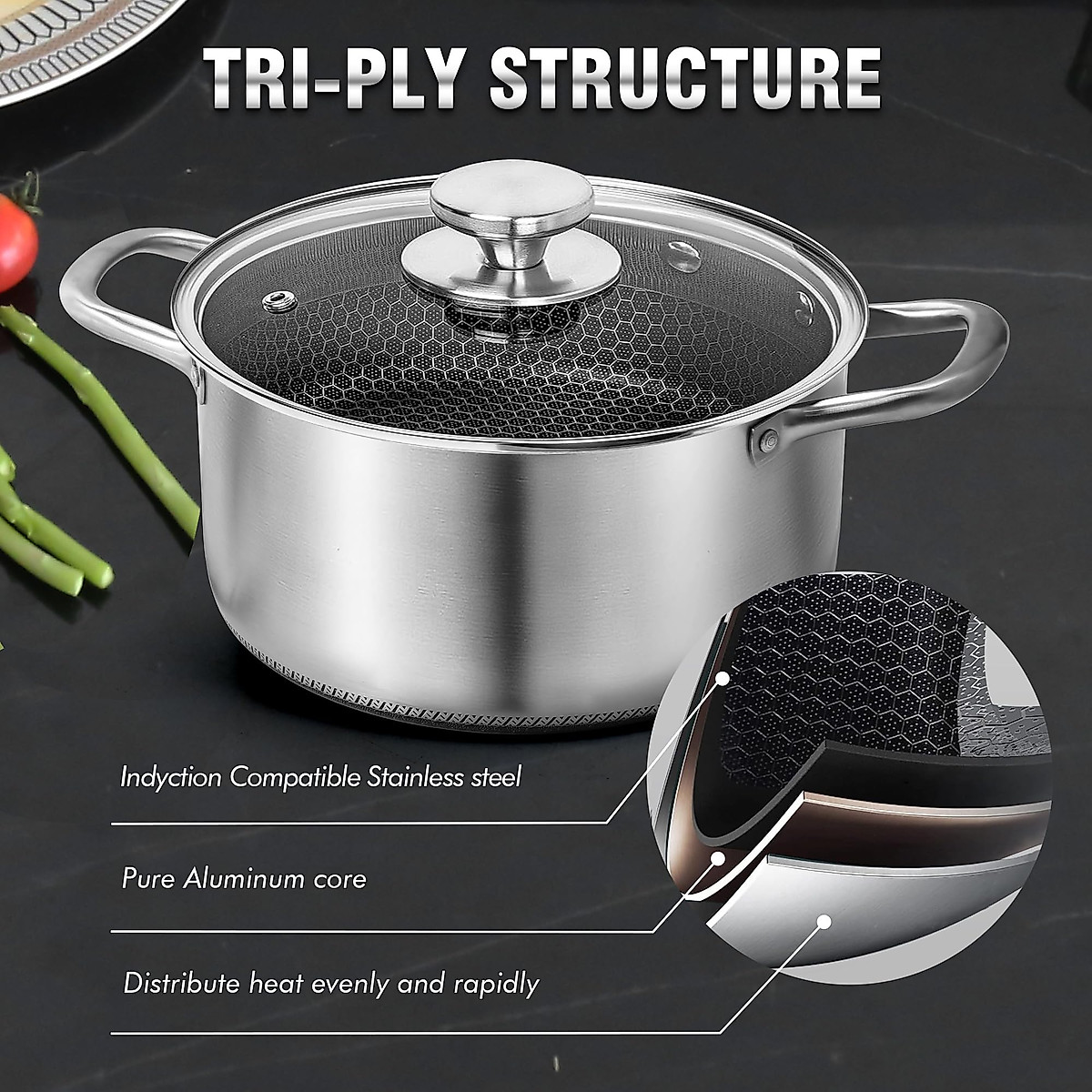 AuFranc™ Hybrid Nonstick 6 Quart Stainless Steel Stockpot with Glass Lid, Induction Stock Pot with Honeycomb Carving, Non-stick Soup Pot Compatible with All Cooktops, Non-Toxic, Dishwasher & Oven Safe