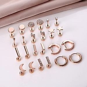 FASACCO 10Pairs Flat Back Earrings for Women Men - Hypoallergenic 14K Gold Plated Stainless Steel Flatback Stud Small Huggie Hoop Earrings 20G Tiny Gold Stud Earring Sets for Multiple PIercing Rose