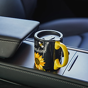 Topadorn Sunflower Ceramic Mug Coffee Cup with Lid and Matching Gift Box Latte Mug,17oz.Hello, Sunshine