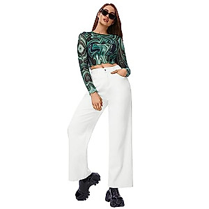 SweatyRocks Women's Casual Loose High Waist Solid Straight Wide Leg Jeans White Elastic Waist S