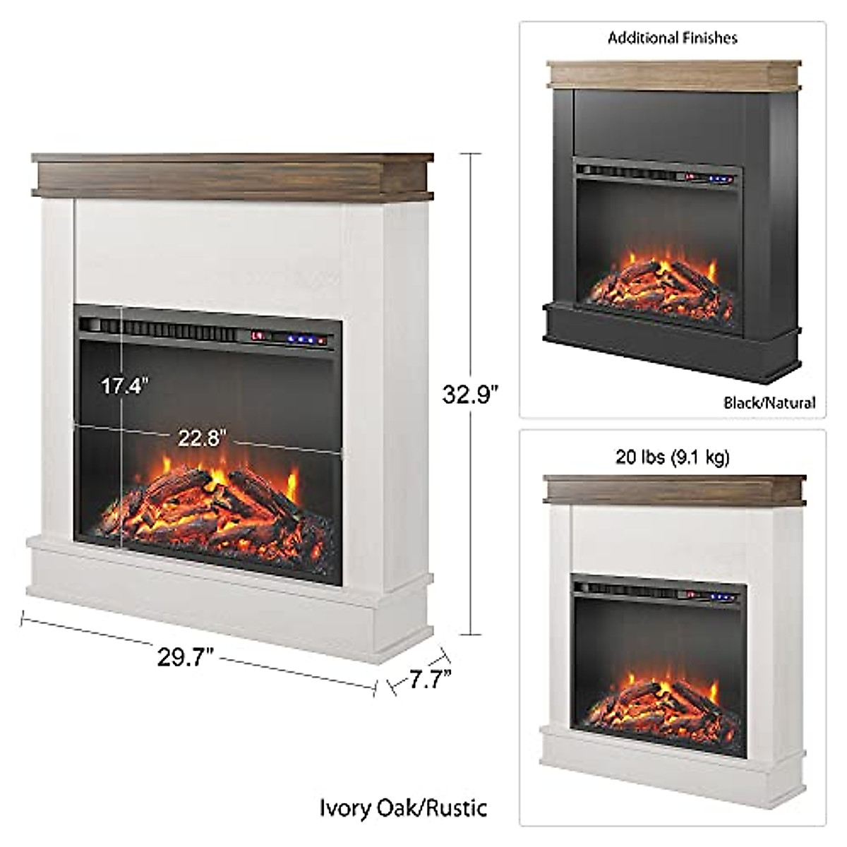 Ameriwood Home Mateo Fireplace with Mantel, Ivory Oak with Rustic Mantel