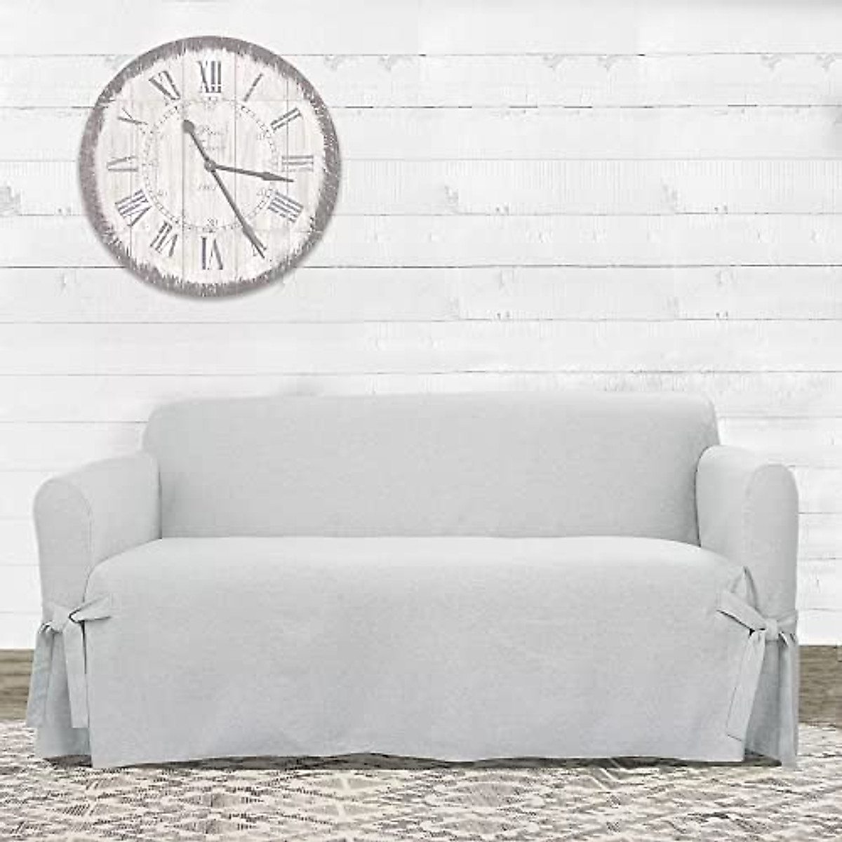 SureFit Farmhouse Basketweave Box Cushion One Piece Slipcover with Ties, Loveseat Cover, Relaxed Woven Fit, 100% Cotton, Machine Washable, Grey Color