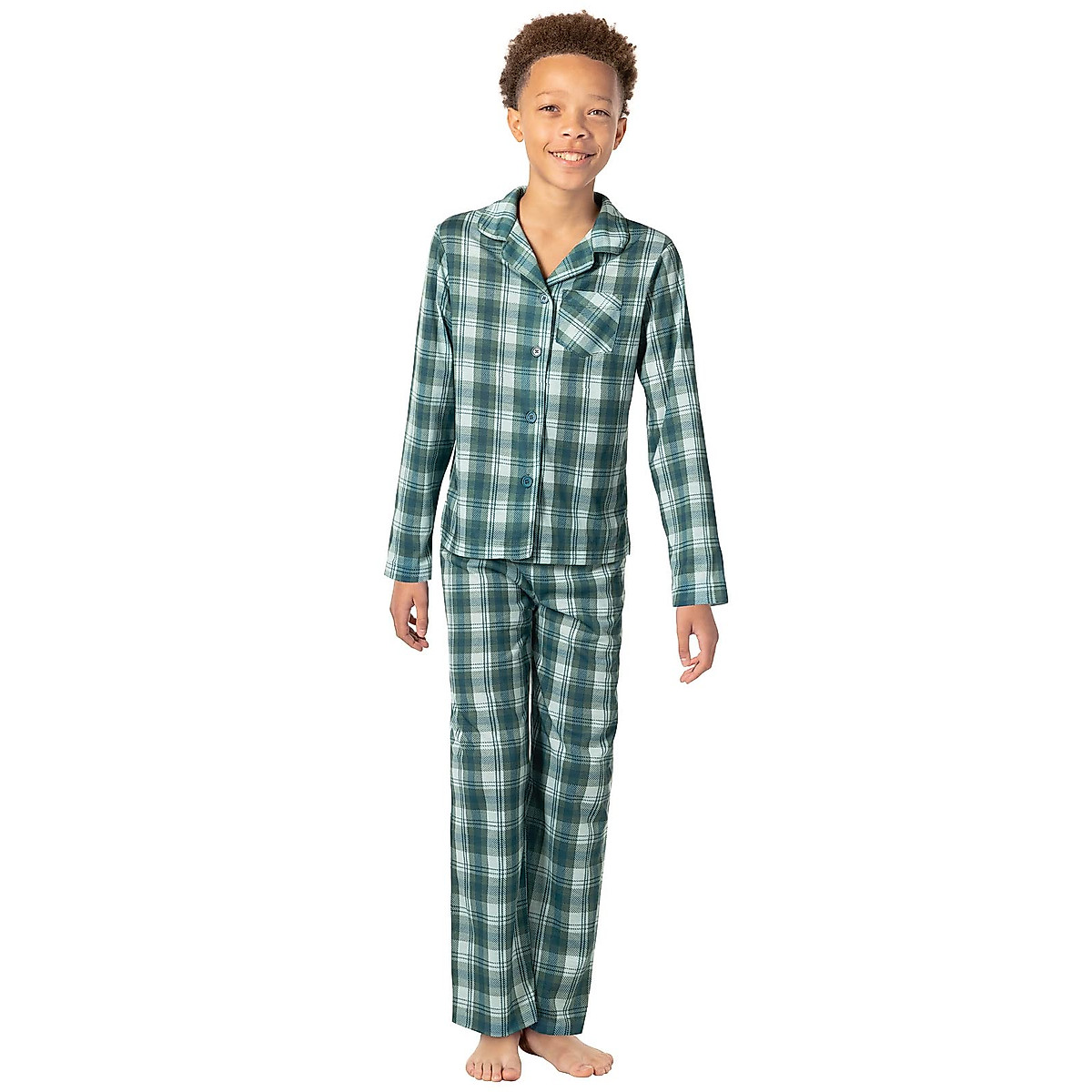 PajamaGram Pajamas Kids - Girls Pajama Sets, Teal Plaid Button-Front PJ, 10