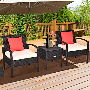COSTWAY Rattan Patio Furniture Set 3 Pieces, Wicker Conversation Set with Tempered Glass Coffee Table, Seat Cushions, Outdoor Chair Wicker Sofa for Backyard Balcony Porch Poolside, White