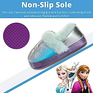 Disney Girls' Frozen Slippers - Plush Fuzzy Elsa and Anna Slippers with Non-Skid Soles (Toddler/Little Kid), Size 9/10, Purple Blue Glitter