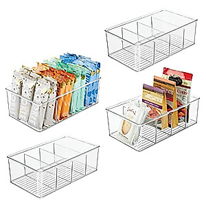 mDesign Plastic Food Storage Organizer Bin Box Container - 4 Compartment Holder for Packets, Pouches, Ideal for Kitchen, Pantry, Fridge, Countertop Organization - 4 Pack - Clear