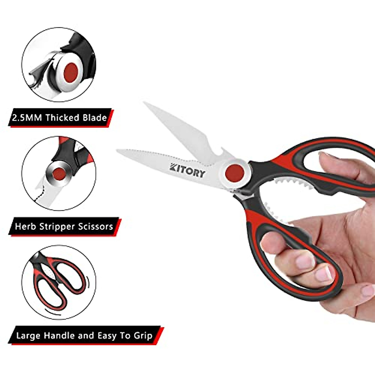 KITORY Kitchen Shears Multi-Purpose Kitchen Scissors Ultra Sharp Heavy Duty Sissors with Sheath for Poultry/Chicken/Fish/Meat/Veggies/Office/BBQ Nut cracker Bottle Opener - Red&Black