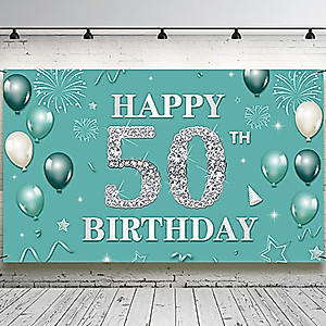 50th Birthday Decoration Backdrop Banner, Teal Silver Happy 50th Birthday Decorations for Women, Turquoise 50 Year Old Birthday Party Photo Booth Props Supplies for Outdoor Indoor, Fabric Vicycaty