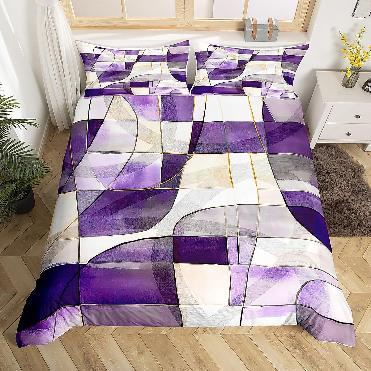 Feelyou Geometric Abstract Bedding Set Queen Size Kids Purple Marble Pattern Comforter Cover Set for Boys Girls Teens Rectangle Square Duvet Cover Modern Art Bedspread Cover Room Decor Quilt Cover