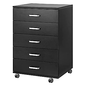 TUSY 5-Drawer Chest, Storage Dresser Cabinet with Wheels, Black
