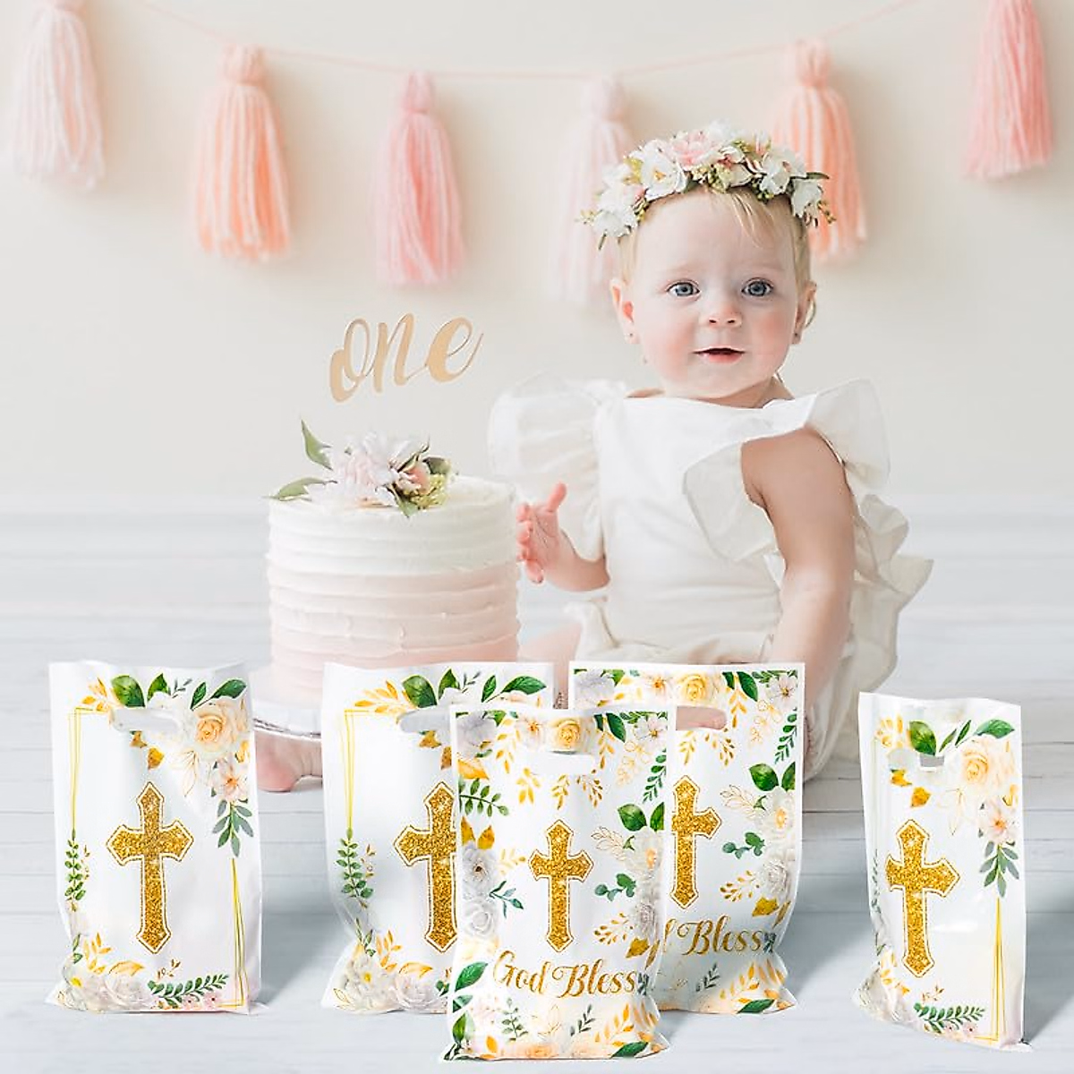 ANGOLIO Easter Treat Party Bags - 50Pcs White Gold Party Favors Bags Print Easter Cross God Bless Candy Bags with Handles Plastic Gifts Bags Birthday Snack Bags Easter Party Favor Supplies for Kids