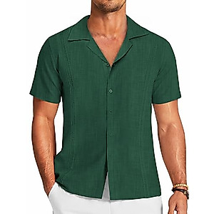 COOFANDY Men's Cuban Guayabera Shirt Linen Short Sleeve Button Down Summer Shirt A - Dark Green