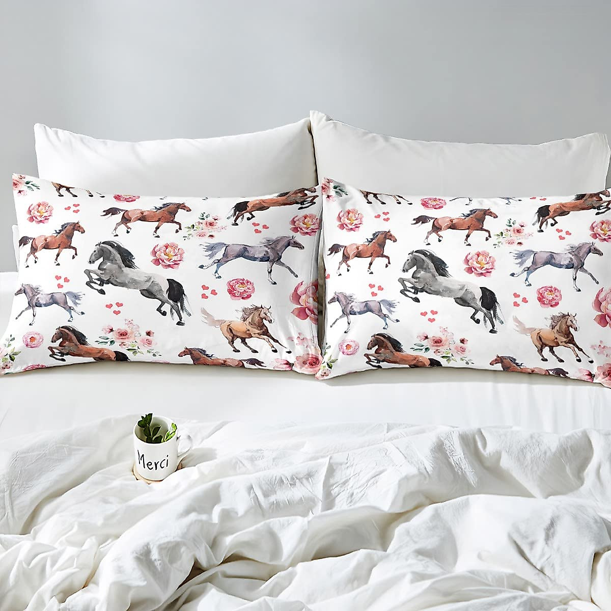 Horse Fitted Sheet Full Size Farm Western Cowboy Cowgirls Bed Sheets Kids Boys Girls Teens Pink Rose Floral Bedding Set Deep Pocket,Cute Lover Heart Kawaii Horse Microfiber Bed Cover,no Flat Top Sheet