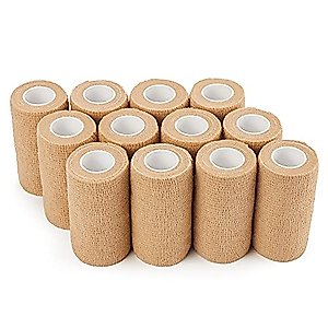 Self Adhesive Bandage Wrap 4 Inches X 5 Yards, 12 Pack of Pet Vet Wrap Cohesive Tape for First Aid, Sports, Horses, Dogs (Beige)