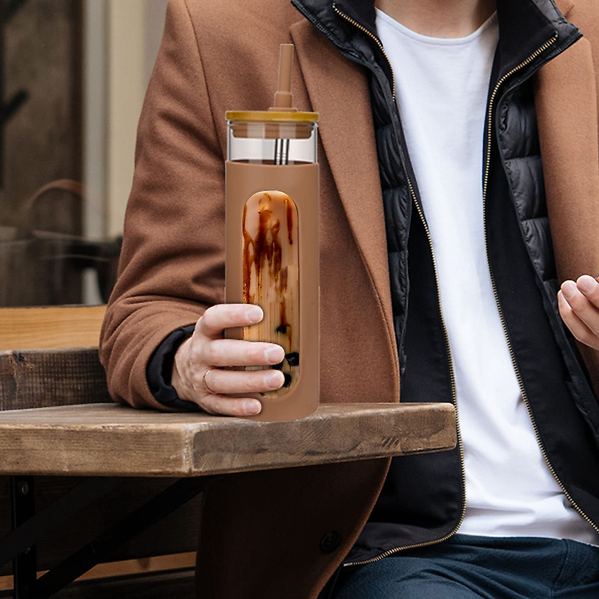 Tronco 26oz Glass Tumbler with Bamboo Lid and Straw, Glass Cup For Boba,Iced Coffee,Smoothie, Spill Proof Glass Water Bottle With Silicone Protective Sleeve, Dishwasher Safe,BPA Free