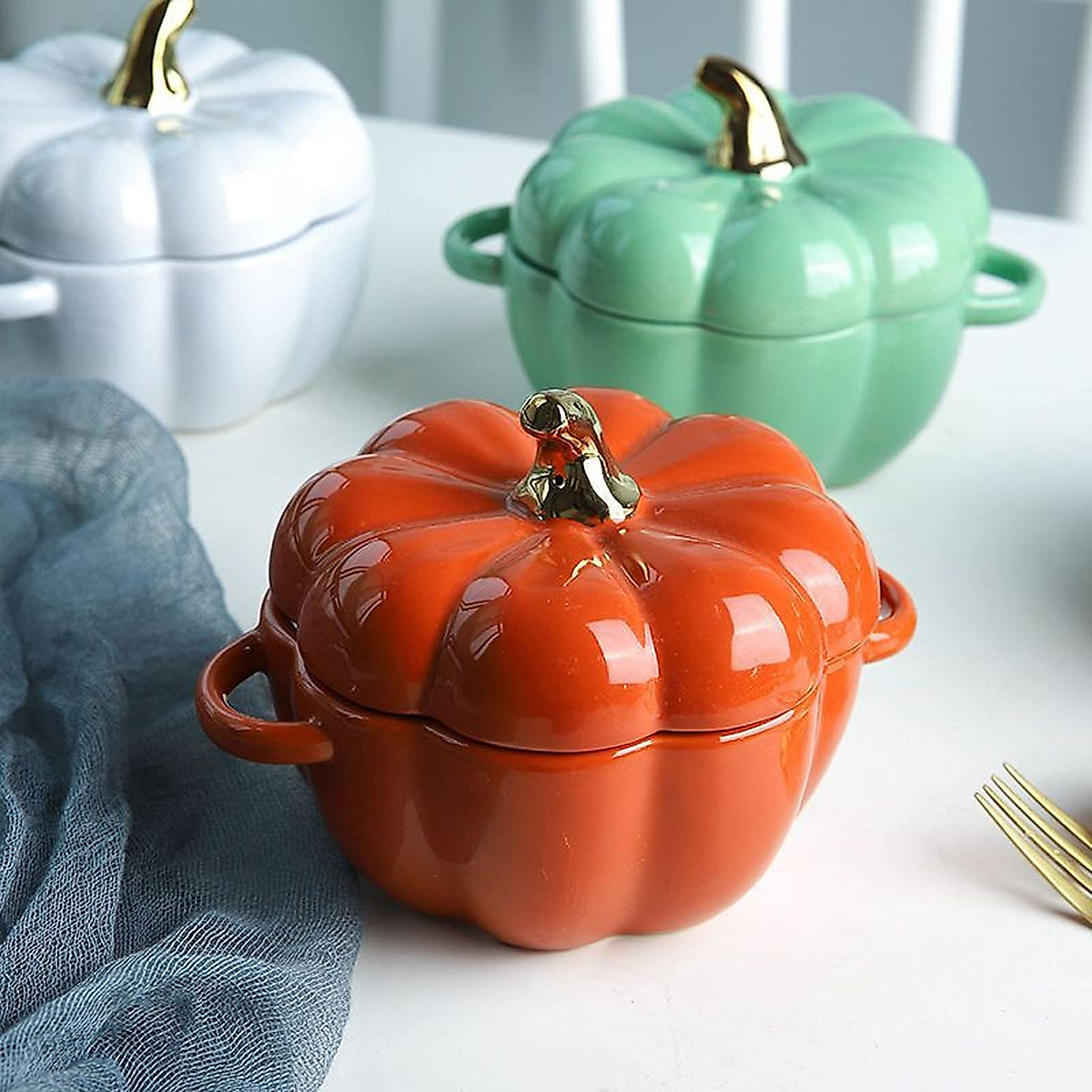 NUANYOYO Ceramic Pumpkin Soup Bowl with Lid,Pumpkin Soup Bnowl,Ceramic Stew Pot Pumpkin Shape Storage Jar,Ceramic Pumpkin Dessert Bowl for Fashion Creative Tableware (Orange)