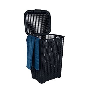 Plastic Laundry Hamper with Lid Laundry Hamper Basket, Black Tall Cloths Hamper Organizer with Cut-out Handles. Space Saving for Laundry Room Bedroom Bathroom, Wicker Design 60 Liter