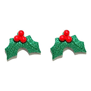 Glittery Christmas Holly Holiday Stud Earrings (H036)