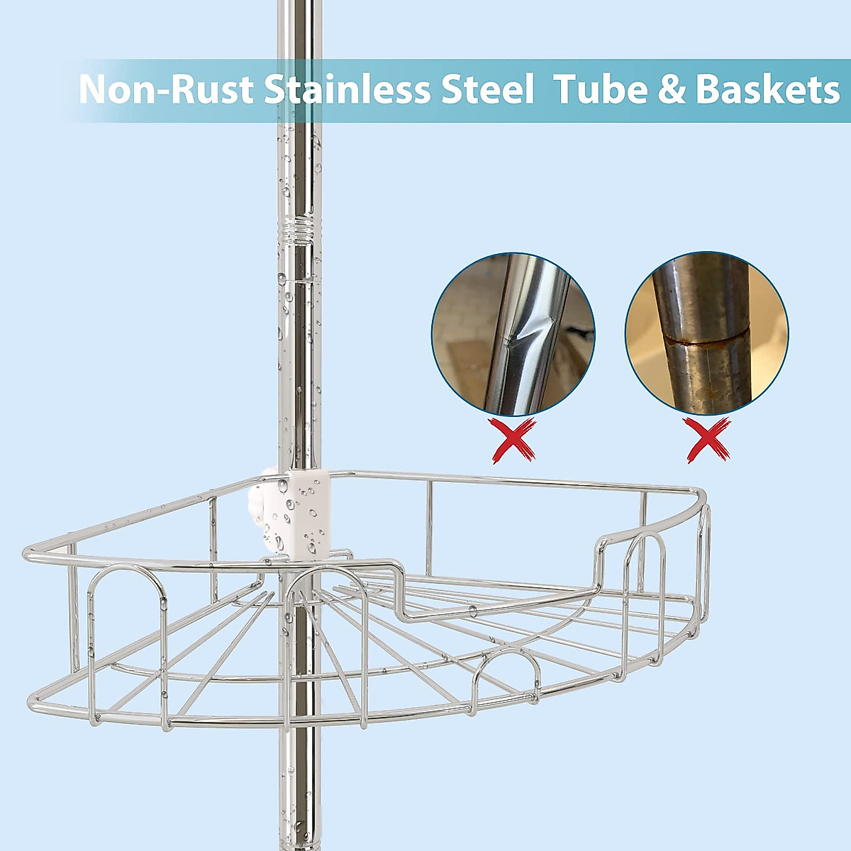 Tension Shower Caddy , Stainless Steel Corner Shower Caddy Stand Storage Organizer with Rustproof Tension Pole for Bathroom Bathtub Shampoo Soap Plants, 4 Tier Adjustable Shelves, 54 to 125 Inch