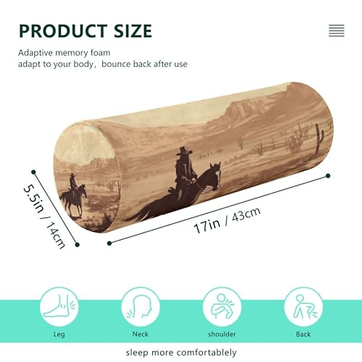 xigua Western Cowboy Neck Roll Pillow for Neck Relief with Removable Washable Cover - Memory Foam Round Cylinder Bolster, Ergonomically Designed for Head, Neck, Back, and Legs