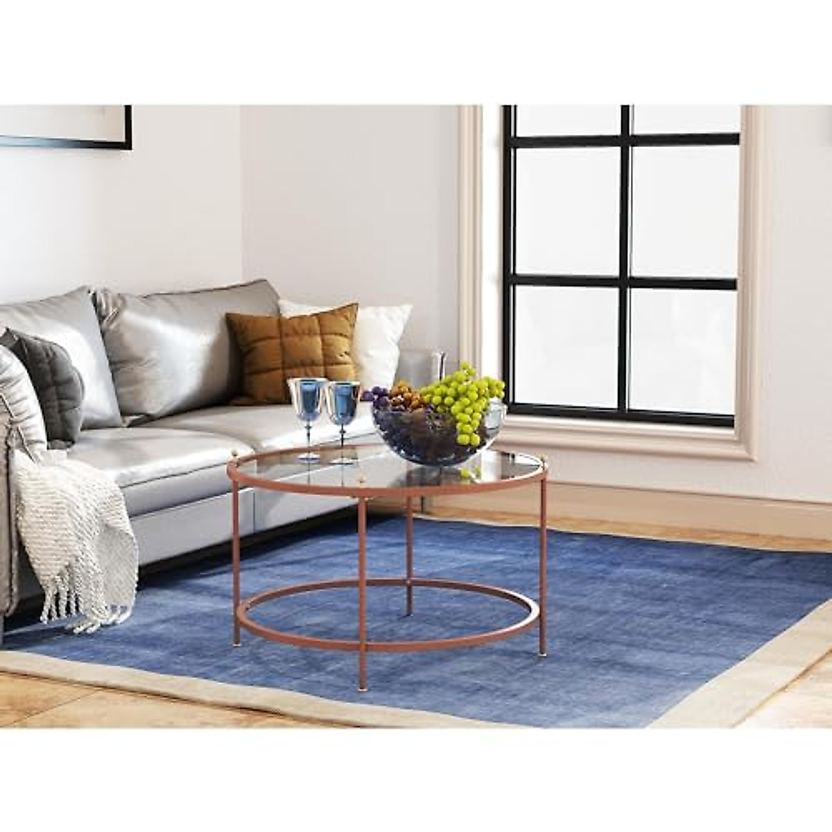 Round Coffee Table with Tempered Glass Tabletop and Metal Legs Gold Modern Contemporary Finish Includes Hardware