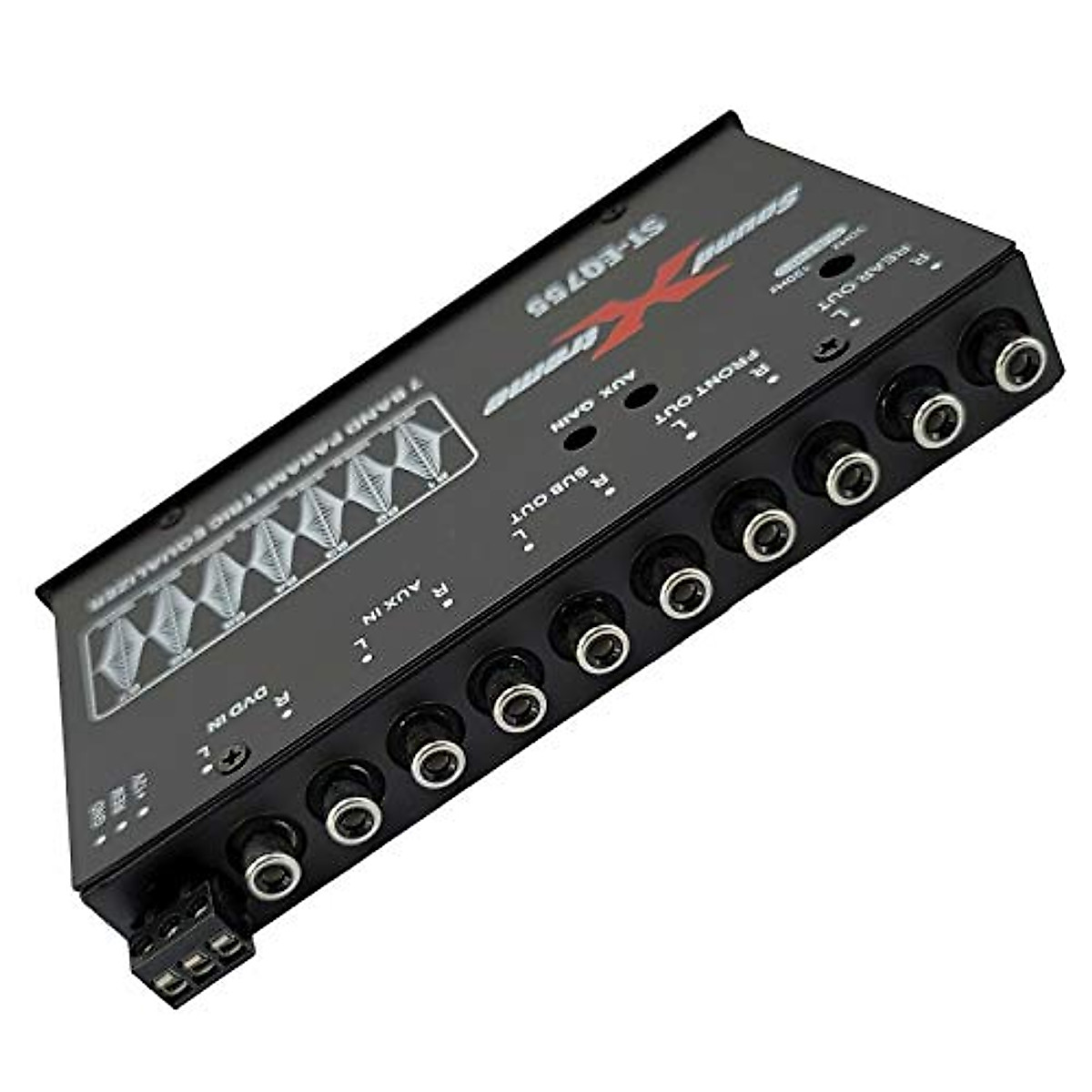SoundXtreme ST-EQ755 1/2 Din 7 Band Car Audio Parametric Equalizer EQ with Front, Rear + Sub Output 8 Volt RMS Three Stereo RCA Output Built-in Input AUX / DVD Select Switch