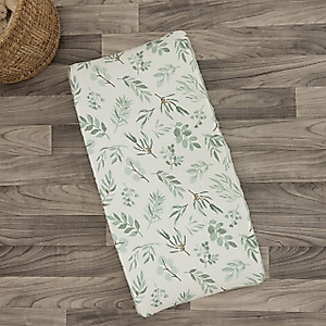 Organic Muslin Changing Pad Cover - Fitted Baby Changing Mat, Soft and Breathable, Eucalyptus Leaves, 16”x32”